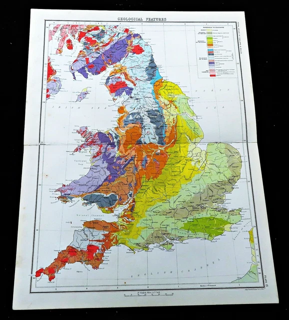 1893 ANTIQUE GEOLOGICAL Map of the British Isles Geology Great Britain ...