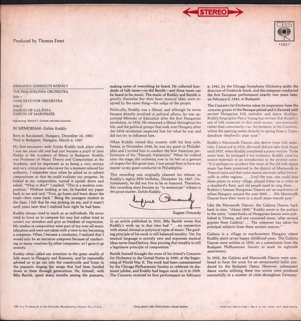 LP SBRG72627 EUGENE Ormandy / Philadelphia Orchestra Ormandy dirige Kodaly EUR 4,85 - PicClick FR