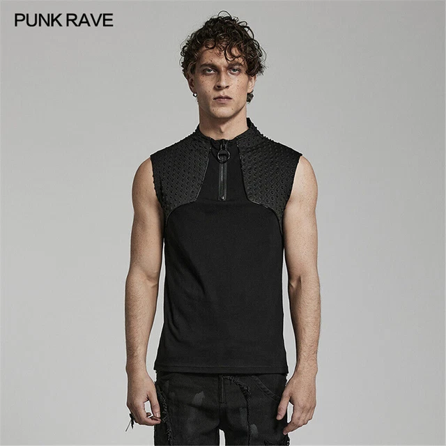 PUNK RAVE MEN Black Gothic Cyberpunk Vest Summer Sleeveless Top Slim ...