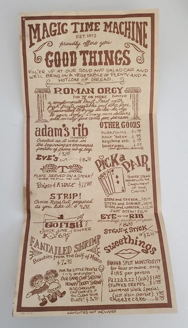 MAGIC TIME MACHINE Proudly Offers You Good Things Menu 1970's San ...