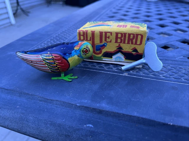 VINTAGE ORIGINAL BLUE BIRD Tin Litho Wind-Up Toy with Box and Key ...
