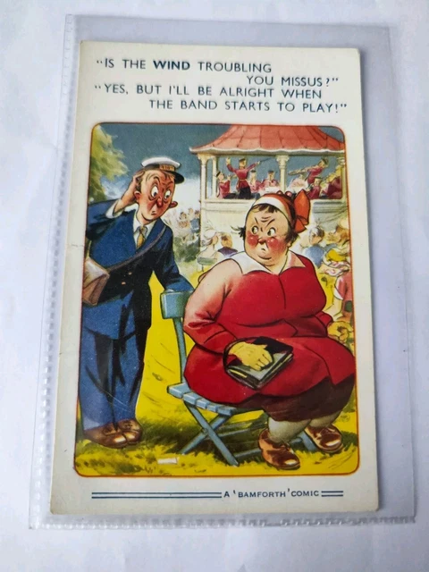 VINTAGE COMIC HUMOUR Bamforth Postcard"Is The Wind Troubling You Missus ...
