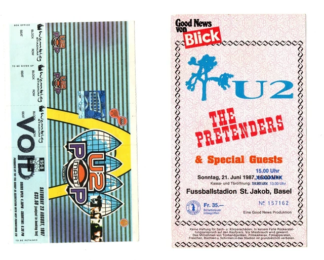 U2 USED CONCERT ticket FUSSBALLSTADION BASEL 1987 + WEMBLEY STADIUM ...