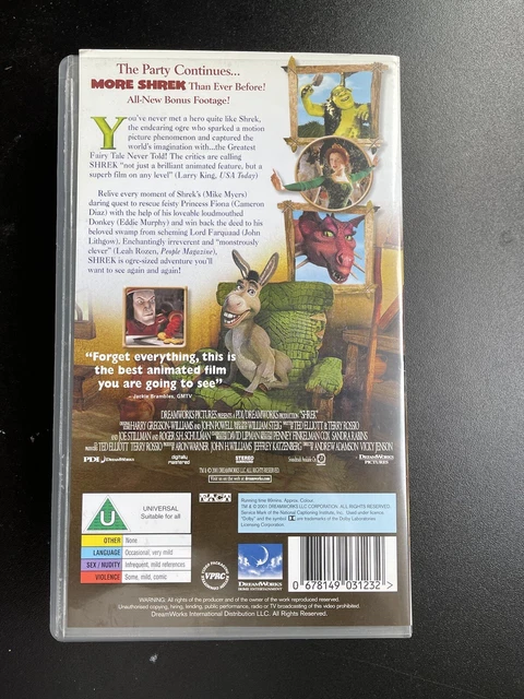 SHREK (VHS) 2001 Mike Myers, Eddie Murphy, Cameron Diaz, Computer ...