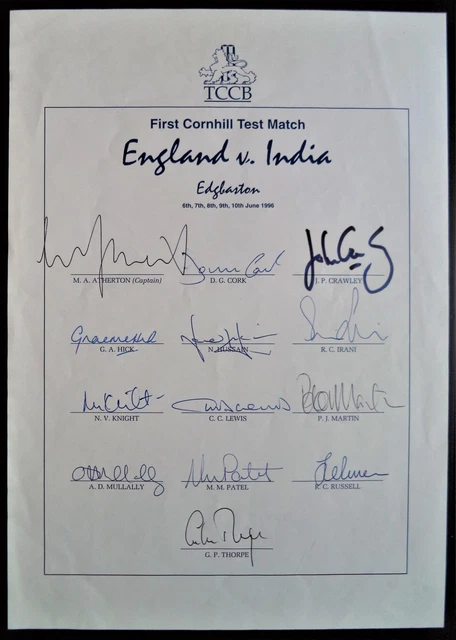 ENGLAND V INDIA 1996, 1st TEST EDGBASTON OFFICIAL CRICKET AUTOGRAPH ...