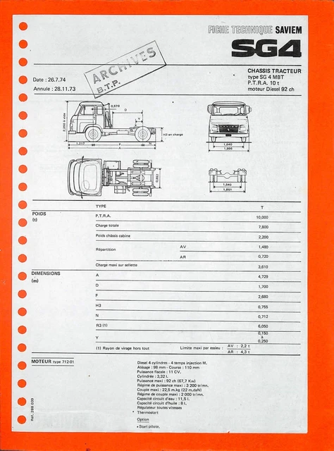 SAVIEM / FICHE TECHNIQUE / CHASSIS TRACTEUR SG 4 de 1974 £4.10 - PicClick UK