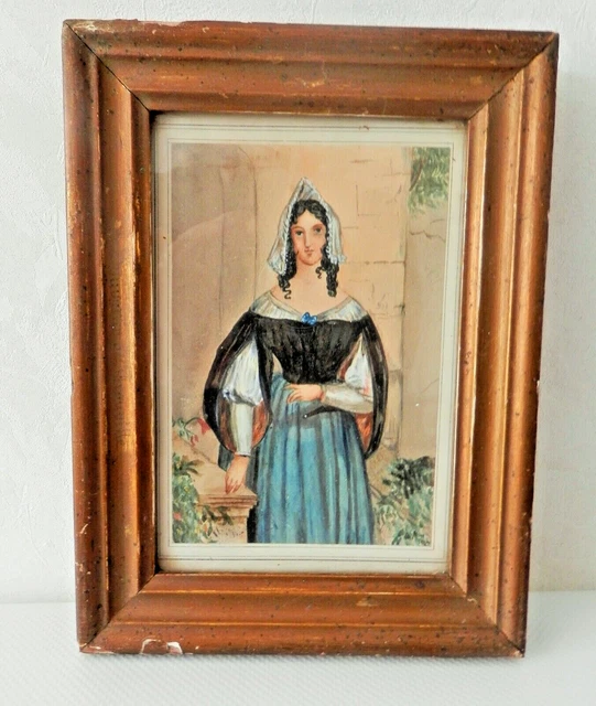 TABLEAU, ANCIENNE GOUACHE sur papier, femme en costume, encadré et sous ...