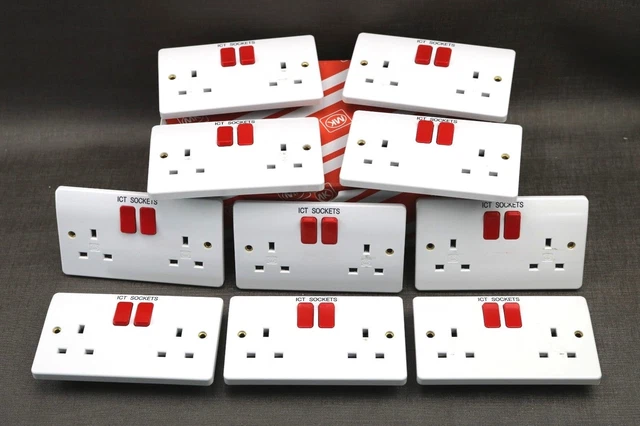 PACK OF 1,3,5,10 MK 13A 2 Gang DP Switched Socket with Red Rockers ...