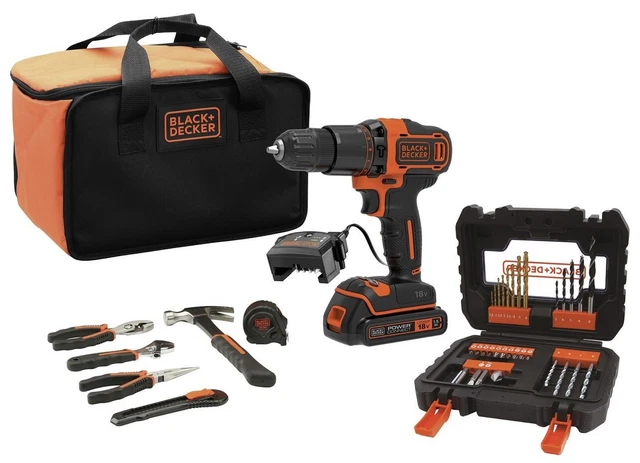 BLACK + DECKER 18V Hammer Drill, 6 Hand Tools & 31 Drill Bit Set £64.99 - PicClick UK