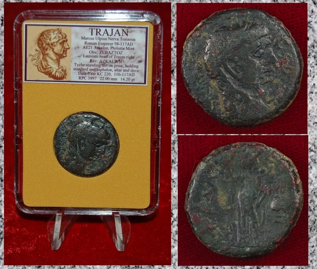 PIÈCE DE MONNAIE Ancien Empire romain TRAJAN Tyche On Galley rare Ascalon, Philistie comme neuf ...