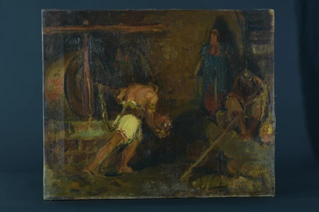 BEAUTIFUL ANTIQUE PAINTING Samson turning the millstone Christian Bible ...