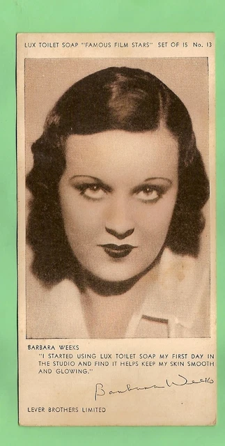 1930S LUX TOILET SOAP "FAMOUS FILM STARS" ACTRESS CARD #13 BARBARA WEEKS $30.00 - PicClick AU