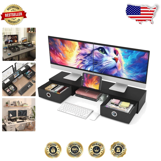 EXTRA LARGE DUAL Monitor Riser with Slide-Out Drawers for Desktops ...