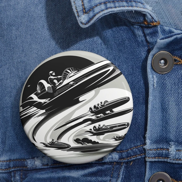 CUSTOM PIN BUTTON Badge Art Deco Futuristic Pod Racing Vintage Style ...