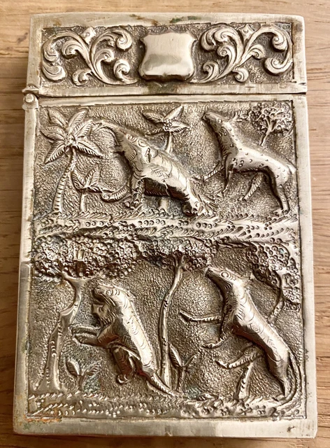 ANTIQUE ANGLO INDIAN Repousse Solid Silver Card Case With Wild Animals ...