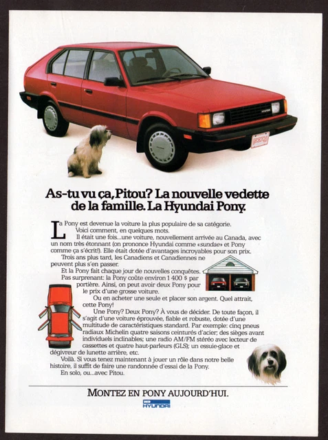1986 HYUNDAI PONY Vintage Original Print AD Red car photo dog pup pitou ...