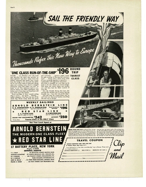 1937 RED STAR Line Arthur Bernstein ocean liner Weekly Sailing Vintage ...