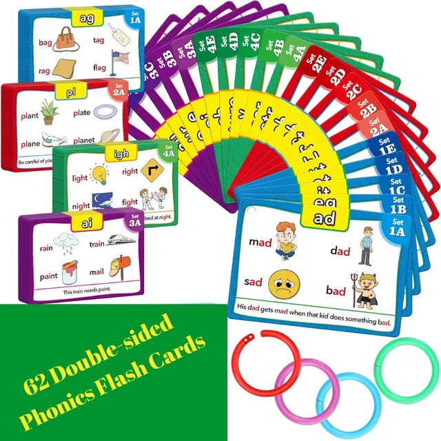 62 PHONICS FLASH Cards Learn to Read Spelling Reading Sight Words ...