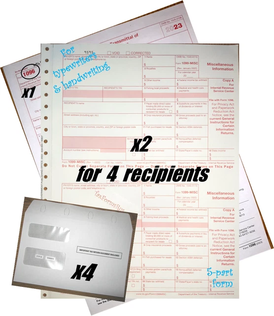 2023 IRS TAX FORMS KIT:: 1099-MISC Carbonless 4 recipients +4 envelopes ...