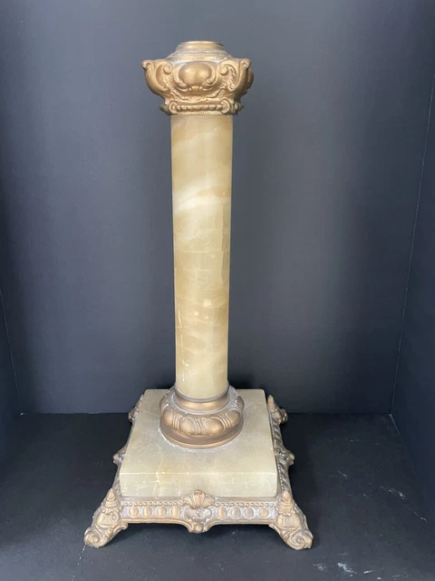 ANTIQUE CREAM ALABASTER oil lamp base fancy capital brass spelter £83. ...