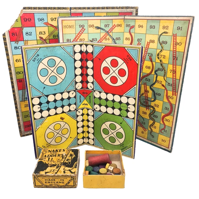 VINTAGE LUDO & Snakes and Ladders Board Games w/ Counters Dice Shaker ...