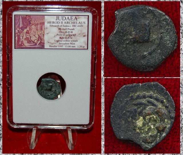 ANCIENT COIN JUDAEA HEROD ARCHELAUS Galley Bronze Half Prutah Jerusalem ...