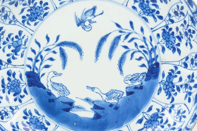 CHINESE KANGXI PORCELAIN Plate Blue White Geese Crane Relief Border ...