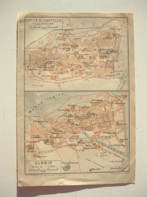 STAMPA ANTICA MAPPA stradario ANTIQUE OLD MAP GUBBIO CITTA DI CASTELLO ...
