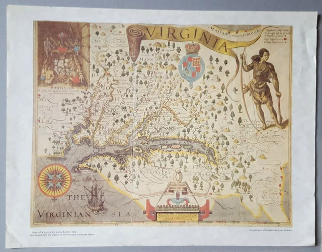 VINTAGE DAV ART Print Map - 1612 Map of Virginia by John Smith 13-1/2 ...