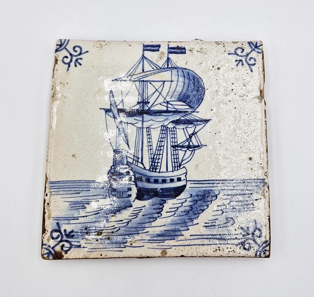 18TH CENTURY DUTCH Delft Blue & White Ship / Galleon Tile £115.00 ...