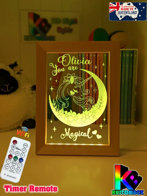 MAGICAL UNICORN PERSONLISED Name Timber Wood Frame Led Night Light Usb ...
