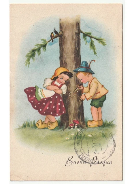 1953 BAMBINI INNAMORATI cuore albero uccelli ramo cartolina Buona ...