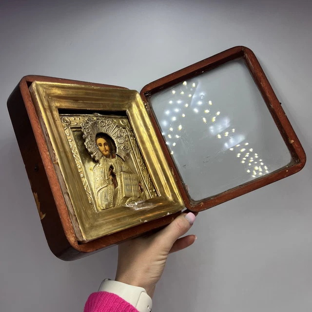 ICÔNE ORTHODOXE VINTAGE — Jésus-Christ Pantocrator — Laiton Doré Oklad ...