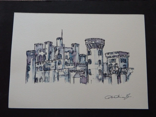 ORIGINAL PEN & ink wash drawing of Penrhyn Castle Wales on watercolour ...