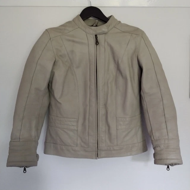BKS SUZI PERRY Size 12 Taupe Leather Biker Jacket Shoulder Elbow Armour ...
