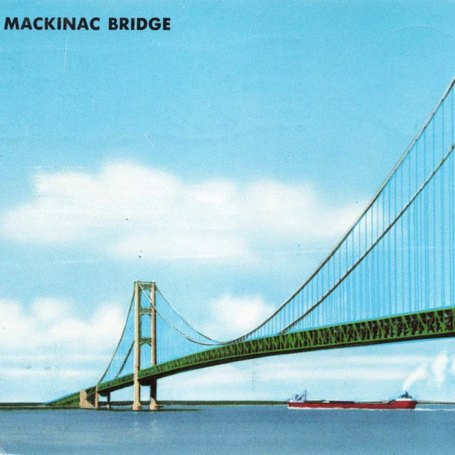 POSTCARD MI MACKINAC Straits Bridge Suspension Peninsulas Island Opened ...