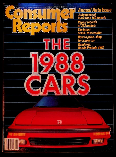 CONSUMER REPORTS MAGAZINE April 1988 Cars Annual Auto Issue Honda Prelude 4WS £12.64 - PicClick UK