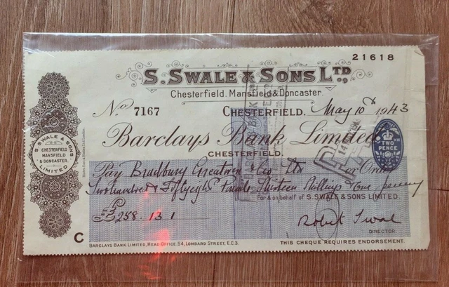 S SWALE & Sons Chesterfield - 1943 Barclays Bank Cheque EUR 11,54 ...