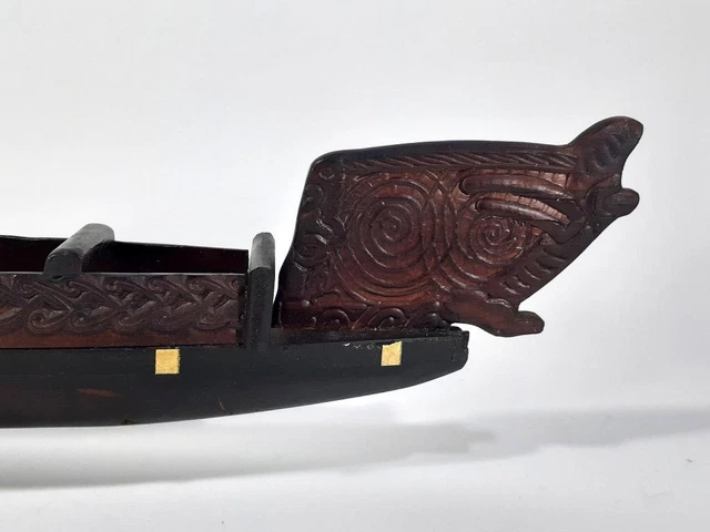 VINTAGE 55CM CARVED Wood Maori Waka War Canoe New Zealand Pacific Paua ...