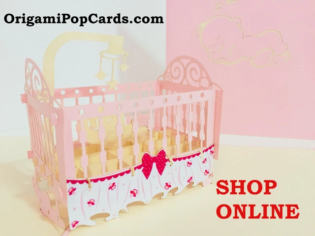ORIGAMI POP CARDS Cute New Born Pink Baby Girl Cot Pop Up Greeting Baby ...