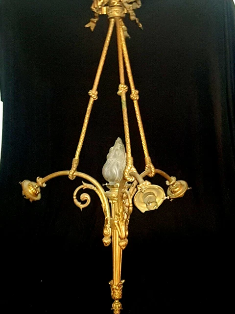LUSTRE BRONZE STYLE LOUIS XVI ART DECO CORDAGE NOEUDS GANSE FLAMBEAU 4 ...