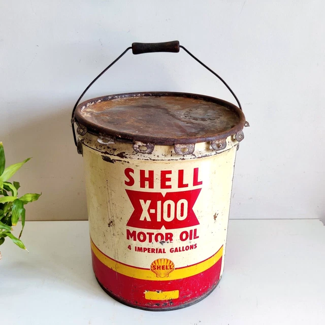 1950 VINTAGE SHELL X100 Motor Oil Automobile Advertising Tin Bucket USA ...