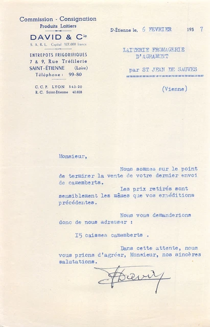 1957 Facture Laitiers David A Saint Etienne - Fromagerie D'agramont A ...