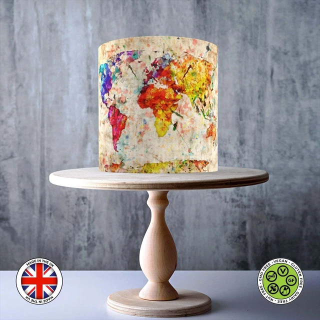 WATERCOLOUR VINTAGE WORLD Map wrap around edible cake topper ICING ...