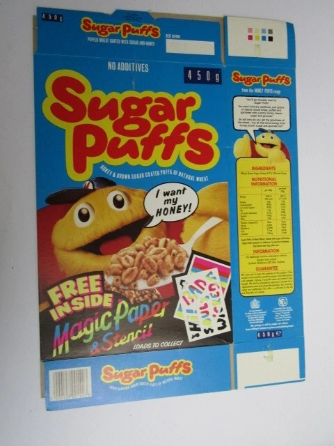 QUAKER SUGAR PUFFS 1993 Cereal Box Magic Paper Stencil 450g Box only £9 ...