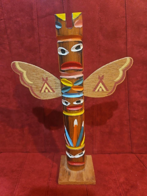 VINTAGE NATIVE AMERICAN Wood Winged Totem Pole Hand Painted Starved ...