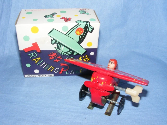 VINTAGE OLD TIN Plate Toy Aeroplane Training Plane Clockwork Wind Up ...