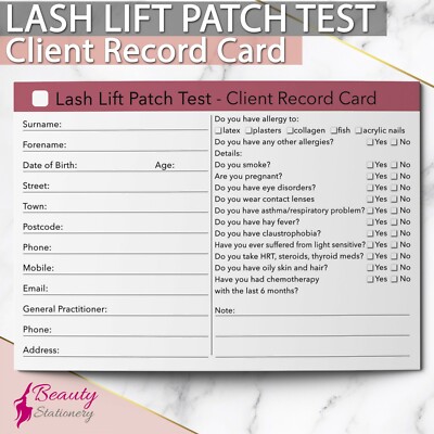 LASH LIFT PATCH Test Client Record Card Treatment Consultation Beauty ...