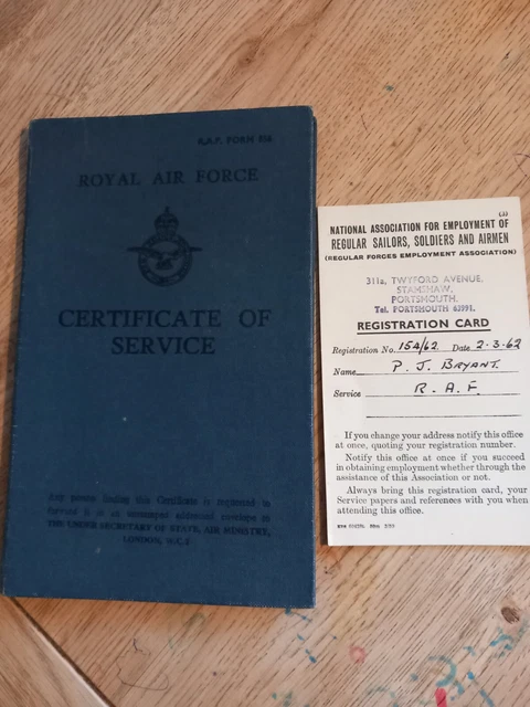 R.A.F CERTIFICATE OF Service & Employment Registration Card £10.00 ...