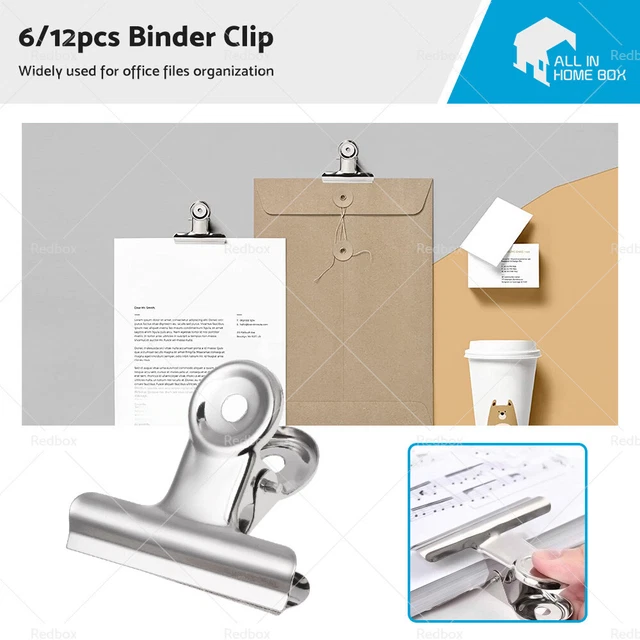 6/12PCS STAINLESS STEEL Bulldog Paper Clip Metal Office Binder Grip ...